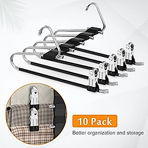 Loretoy 2 Pack Pants Hangers Space Saving, Anti-Slip Multi-Functional Pants Rack, Thickened Stainless Steel Tube with 10 Metal Clips, Two Hanging Modes Suitable for Jeans Trousers Skirts Scarf-Black