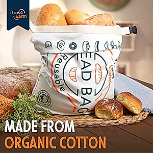 Think4Earth – (2 Pack) Cotton Linen Bread Bag Organic - Reusable bread bags for homemade bread gift giving - Bread Container for large Sourdough Loafs – Counter Top Cloth Bread Storage and Transport.