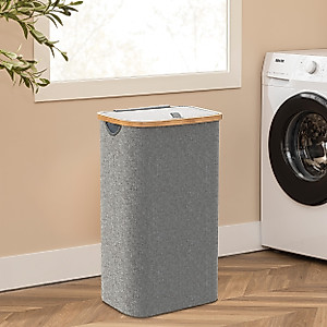 Famyards Laundry Hamper with Lid, 100L Large Laundry Basket with Bamboo Handles and Removable Inner Bag, Collapsible Dirty Clothes Hamper Laundry Bin for Bathroom, Bedroom, Dorm Laundry Room(Grey)