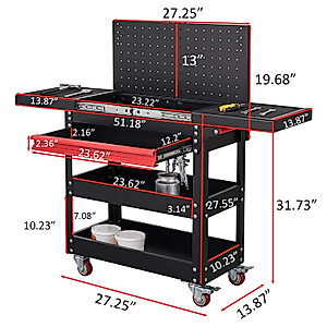 Rophefx 3-Tier Rolling Tool Cart with Sliding Top Mobile Toolbox on Wheels with Backplane Steel Tool Cart with Storage Drawer Utility Cart for Mechanic Warehouse Garage Workshop, Black & Red