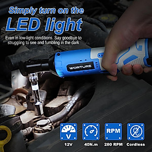 Worture Cordless Electric Ratchet Wrench, 40N.m 12V Power Ratchet Tool Kit with 2 * 2000mAh Lithium-ion Batteries, 1 * Fast Charger, 7 * Sockets, 1 * 1/4 Inch Adaptor, 1 * Extension Bar