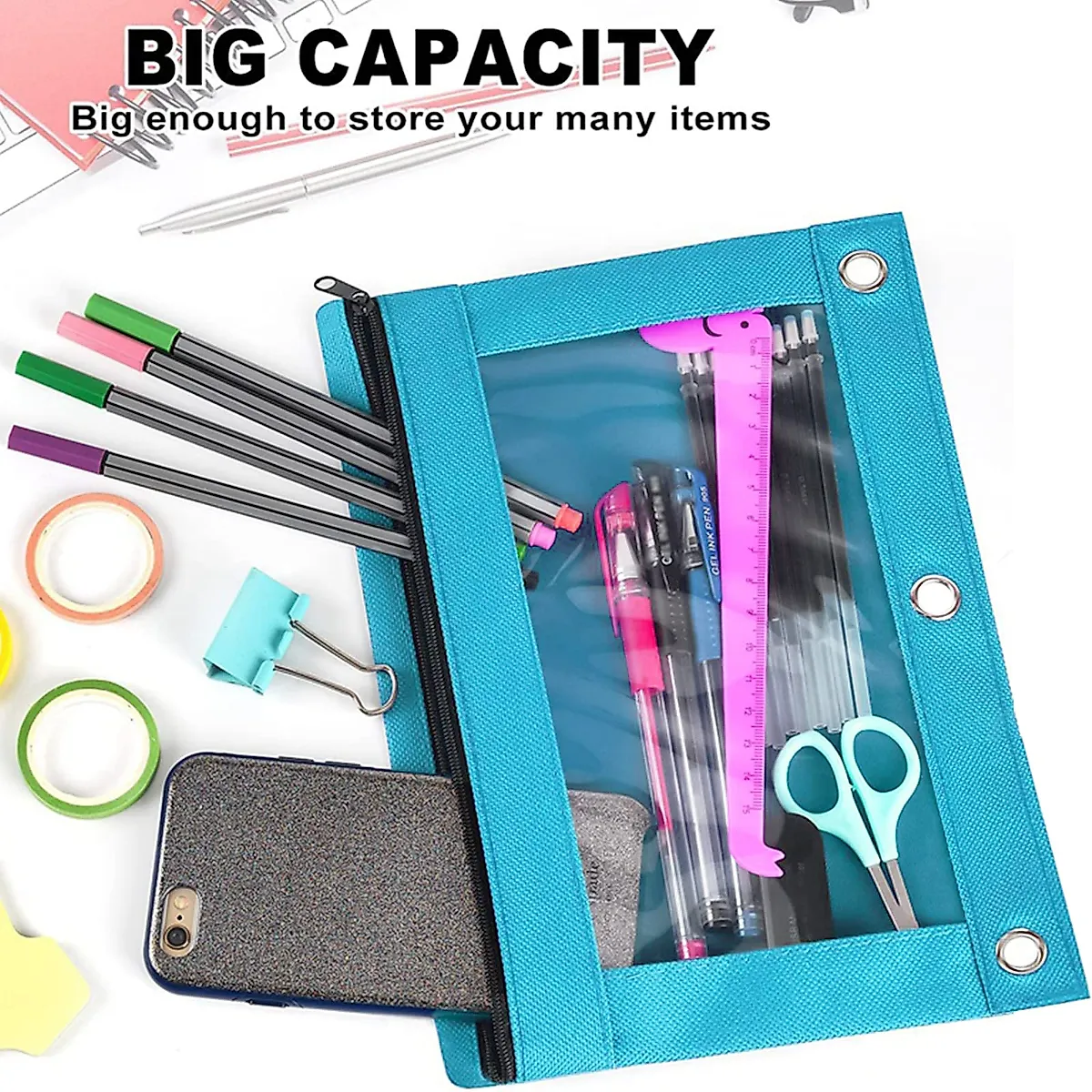 TOPWOOZU Pencil Pouch 3 Ring, Zipper Pencil Pouches Case Binder Cosmetic Bag Black 2 Pack