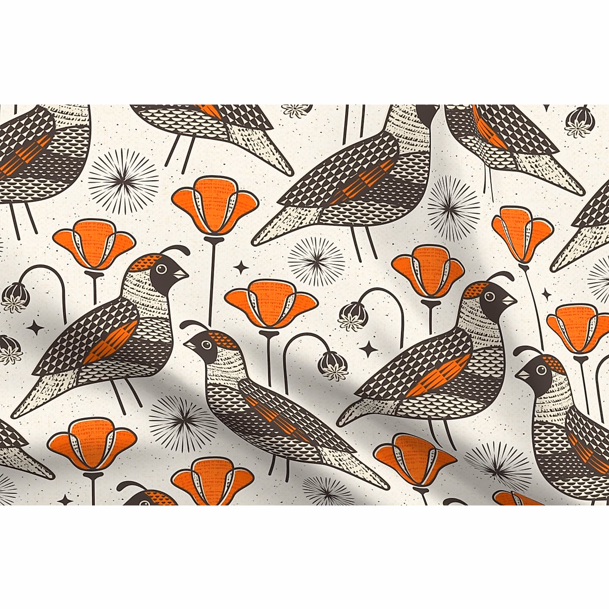 Spoonflower Fabric - Mid Century Quail Mod Floral Poppies Scandi Retro Neutral Bird Orange Printed on Petal Signature Cotton Fabric Fat Quarter - Sewing Quilting Apparel Crafts Decor