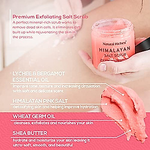Natural Riches Himalayan Salt Exfoliating Body Scrub Lychee Bergamot Essential oil with Vitamin C - (12 Oz / 340 gm) Moisturize Deep Cleansing foot scrub body skin exfoliator