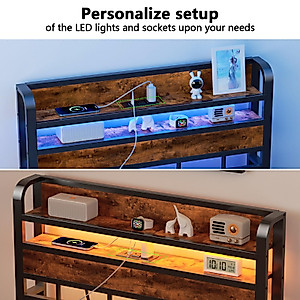 Furnulem Twin Size Headboard Only 2 Outlets 2 USB Ports Bed Headboards with Charging Station 2 Tier Storage Headboard Shelf for Dorm Bedroom Sturdy Adjustable RGB Light Headboards Rustic Brown