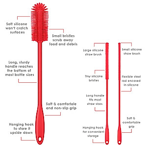 Purtribe 3-in-1 Silicone Bottle Brush and Straw Cleaning Brush Set, Water Bottle Cleaner Brush for Washing Narrow Neck Containers, Vacuum Sports Bottle, Tumblers, Flask, Vase and Glassware (Red)