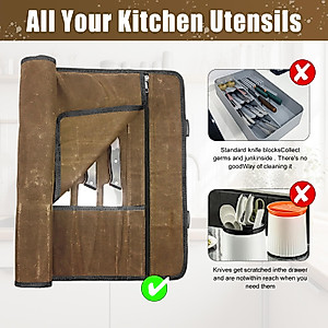 Knife Roll,Knife Bag,Knife Case,Waxed Canvas Chef Knife Bag,Portable Knife Roll Bag With 10 Slots Plus 1 Zipper Pockets Can Hold Home Kitchen Knife Tools Up To 18.8”,Heavy Duty Knife Bags For Chefs