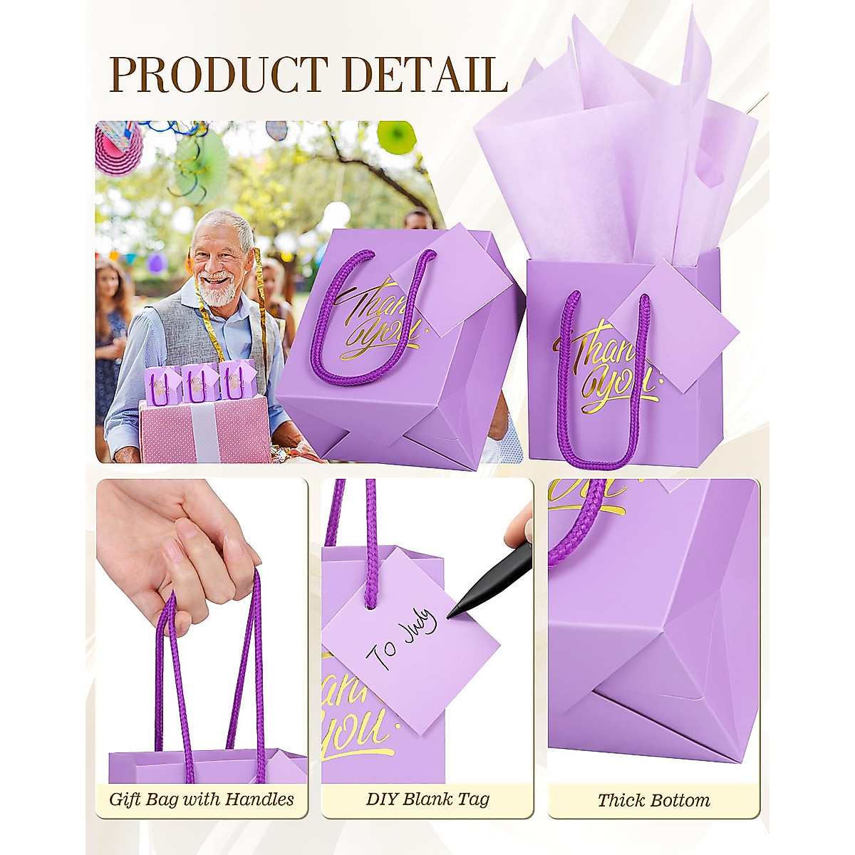 EQOREIIN 50 Pcs Purple Small Gift Bags with Handles 4 x 2.75 x 4.5 Inches Mini Thank You Gift Bags Party Favor Bags Kraft Paper Bags Bulk for Mother's Day Baby Shower Birthday(Purple)