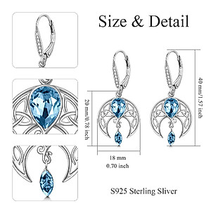 Celtic Moon Earrings 925 Sterling Silver Crescent Moon Leverback Dangle Drop Earrings with Simulated Aquamarine Birthstone Crystal Celtic Irish Jewelry Gifts for Women