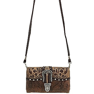 Justin West Gleaming Laser Cut Rhinestone Buckle Studded Concealed Carry Handbag Purse (Coffee Purse Wallet Set)