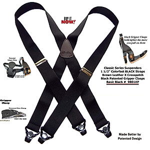 HoldUp Brand Classic Series Black 1 1/2" Suspenders for Men with USA Patented Black Gripper Clasp