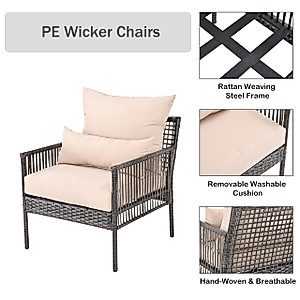 LOKATSE HOME 2 Piece Patio Dining Club Chairs Wicker Rattan Furniture Thick Cushion Seat, Beige
