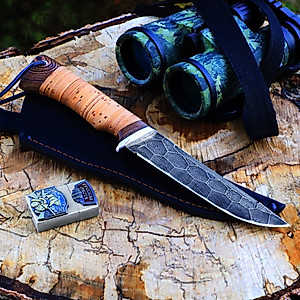 Nazarov Premium Damascus Hunting Knife - Handmade VEPR Damascus Steel Knife with Sheath - Hand Forged Sharp Fixed Blade Knives with Non-Slip Birchbark Handle - Well Balanced Survival Knife with Sheath