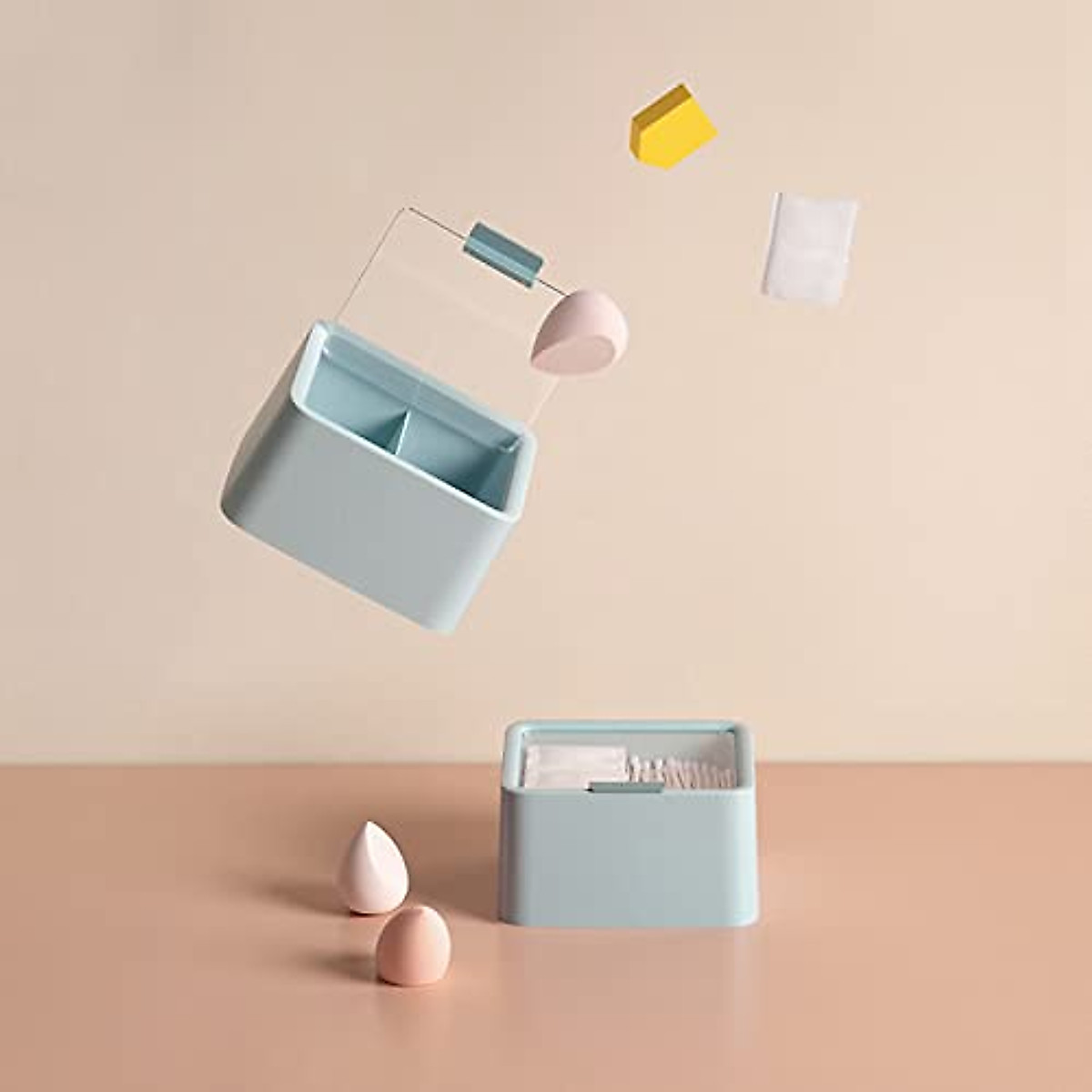 LiangTing 2 Grids Separate Cotton Swabs Dispenser Organizer Canisters,Transparent dust-proof desktop cotton swab box with cover,Dresser makeup remover cotton storage box for Cotton Balls, Cotton Pads. (blue)