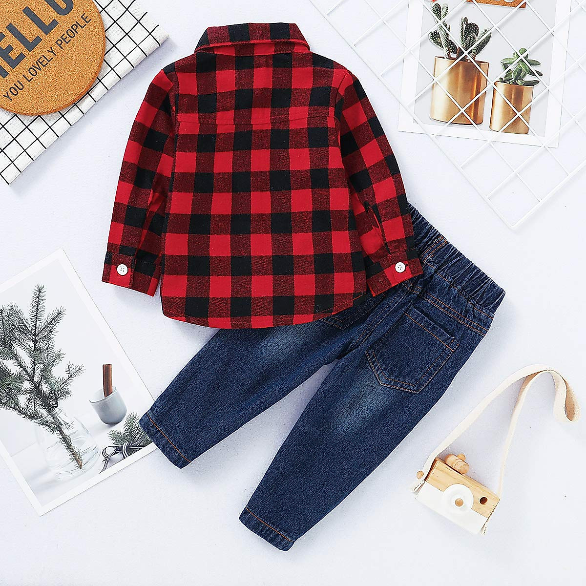 2Pcs Baby Boys Girls Toddler Kids Red Plaid Flannel Shirt Elastic Waist Ripped Holes Soft Jeans Outfit Set(18-24 Months, Red/Black)