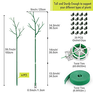 6 Pack Plant Support Stakes for Indoor Plants, 39.37 Inch Twig Plant Sticks with Orchid Clips Twist Ties and Plant Ties for House Potted Monstera Plants, Plastic Branches Support Structures, Green