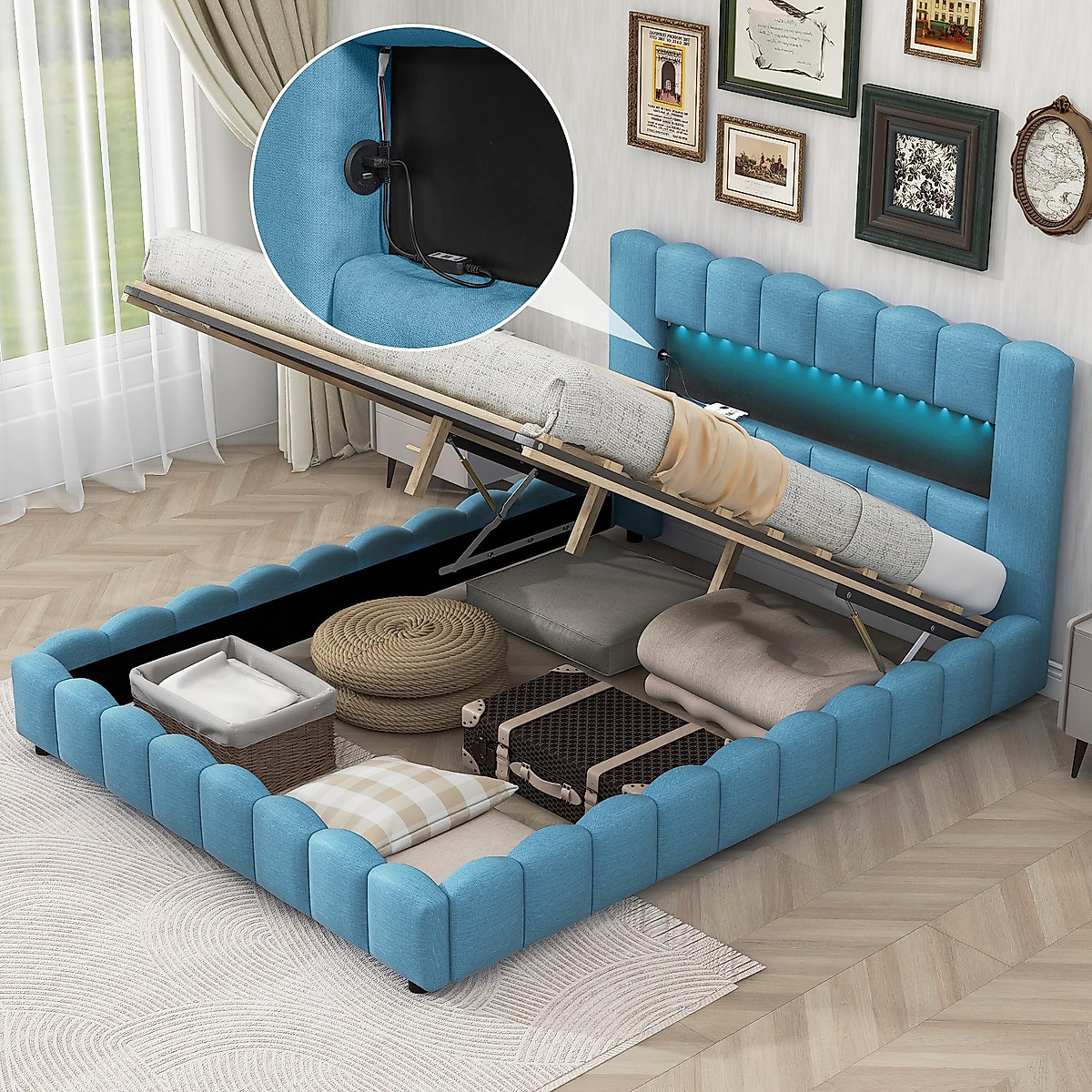 LAVHOME Queen Size Lift Up Storage Bed/Button Tufted Wingback Headboard/Hydraulic Storage/Upholstered Platform Bed Frame/No Box Spring Needed/Wood Slats Support/Light，Blue