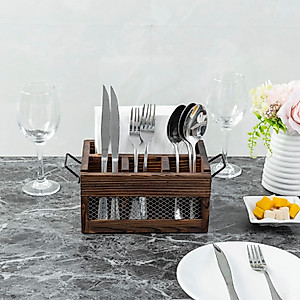 MyGift Rustic Brown Wood Utensil Holder and Napkin Rack with Black Metal Carry Handles and Chicken Wire Front Panel, Dining Flatware Cutlery Storage Caddy