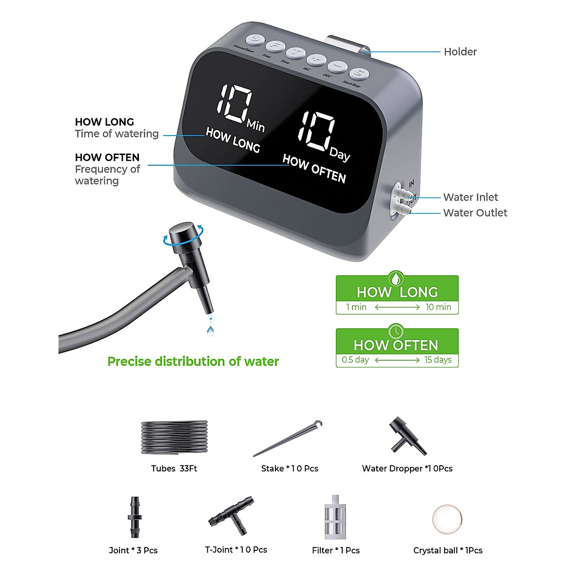 Automatic Watering System for Potted Plants, Plant Waterer with Smart Programmable Timer, Waterproof LED Display & Large Capacity Battery, Precise Distribution of Water, Gray