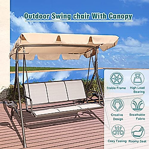 GOLDSUN 3 Person Outdoor Weather Resistant Patio Glider Swing Hammock Chair w/ Utility Tray & Sunshade Canopy for Patio, Garden, Deck, or Pool, Taupe