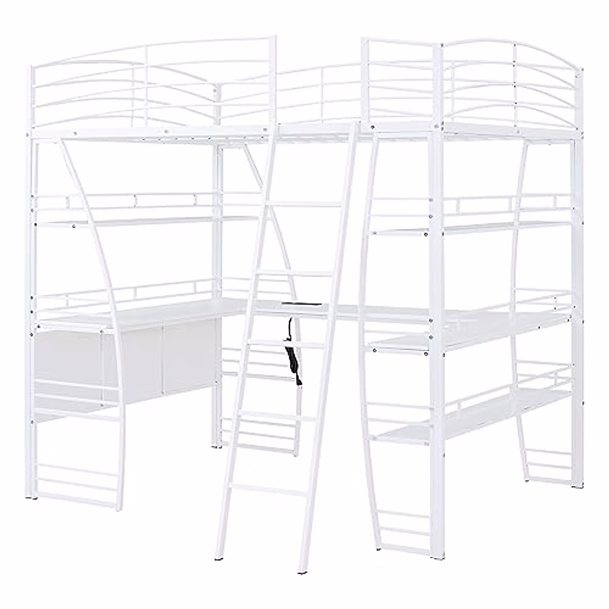 EMKK Full Size Loft Bed with 4 Layers of Shelves and L-Shaped Desk, Stylish Metal Frame Bed with a Set of Sockets, USB Ports and and Wireless Charging