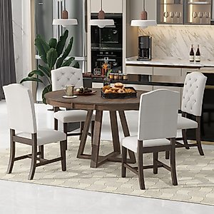 LZ LEISURE ZONE Dining Table Set for 4, Retro Functional Dining Room Set, Round Table with a 16" W Leaf and 4 Upholstered Chairs for Dining Room/Living Room, Walnut