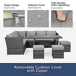 U-MAX 7 Pieces Patio Furniture Set Outdoor Sectional Sofa Conversation Set All Weather Wicker Rattan Couch Dining Table & Chair with Ottoman, Gray