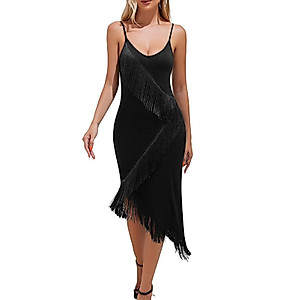 ZAFUL Women Spaghetti Strap Sexy V Neck Fringe Tassels Irregular Hem Slit Bodycon Prom Party Cocktail Formal Dress Black M