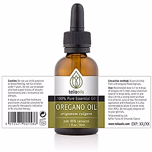 Teliaoils 100% Organic Oil of Oregano - Super Strength Over 86% Carvacrol - Premium Grade Wild Oregano Oil from The Mountains of Greece - Undiluted, Certified, Pure Oregano Essential Oil - 1 oz