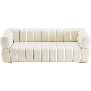 Meridian Furniture Gwen Collection Velvet Upholstered Sofa with Deep Biscuit Tufting, Cream