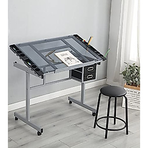 HomSof Adjustable Drafting Printing Table with Chair, Grey