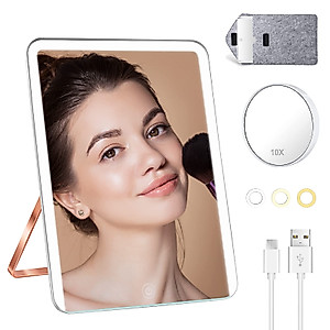 DASLAVA 1X Lighted Makeup Travel Mirror with 10X Magnification Compact Makeup Mirror with Lights 2000mAh Battery 3 Color Modes 10"x8" Large Makeup Mirror Folding Cosmetic Mirror