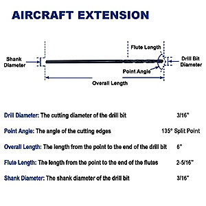 3/16-Inch x 6-Inch Aircraft Extension Black Oxide Drill Bit, Premium M2 High Speed Steel, Extra Length, for Metal, Plastic, Wood