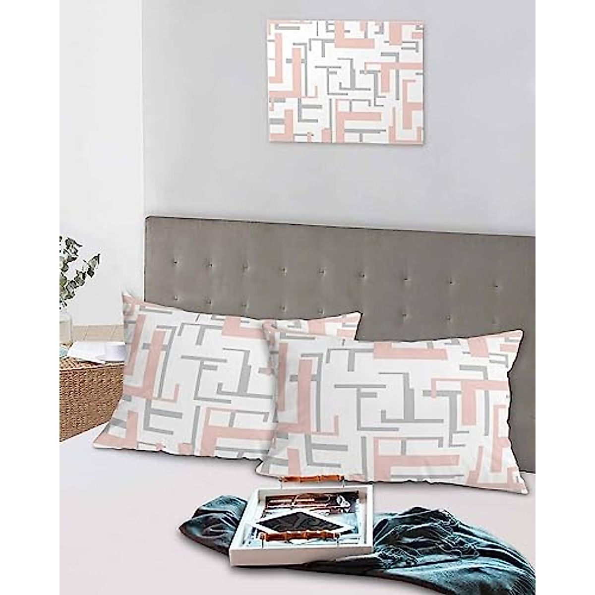 Edwiinsa Pink Grey Pillow Covers Standard Size Set of 2 Bed Pillow, Modern Geometric Abstract Art Aesthetics Plush Soft Comfort for Hair/Skin Cooling Pillowcases with Envelop Closure 20''x26''