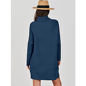 ANRABESS Women's Oversized Turtleneck Sweater Dress Pullover Batwing Sleeve Split Hem Tunics Fall Casual Short Dresses Dark Blue