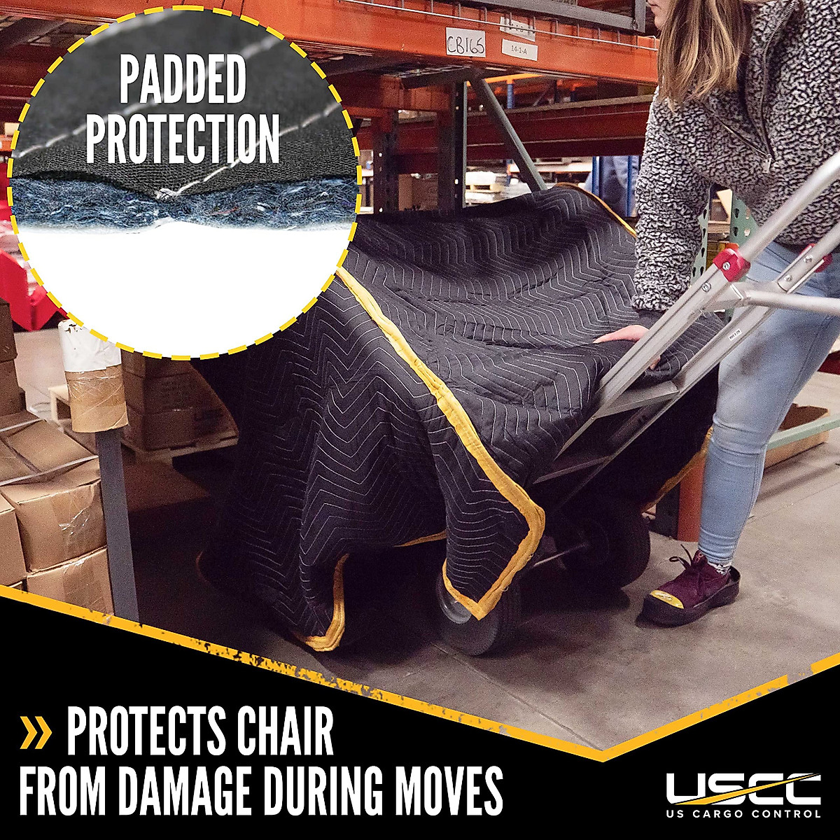US Cargo Control Heavy Duty Quilted Cover for Chair/Recliner - Black/Yellow Furniture Pad for Moving and Storage - 39 Inches x 46 Inches - Cotton/Polyester Blend - 9 Pounds - Washable, Reusable
