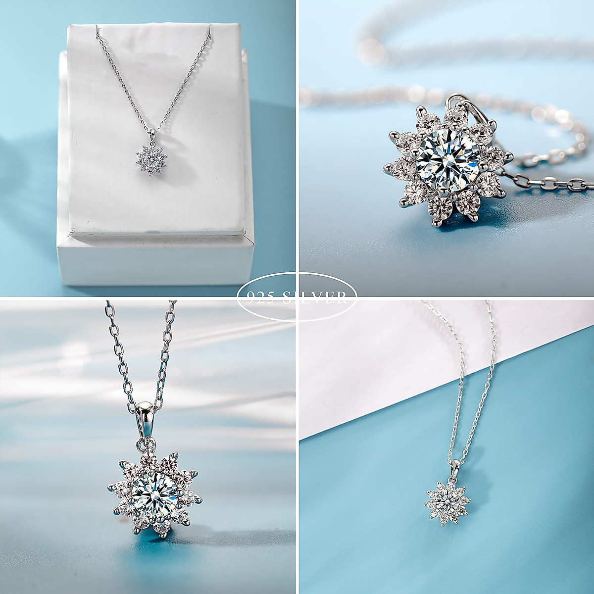 HMJ Diamond Sunflower Necklace for Women,1Carat Moissanite Snowflake Pendant Chain,Lab Diamond Jewelry S925 Sterling Sliver Halo Necklace Gift for Mom Mother Sister