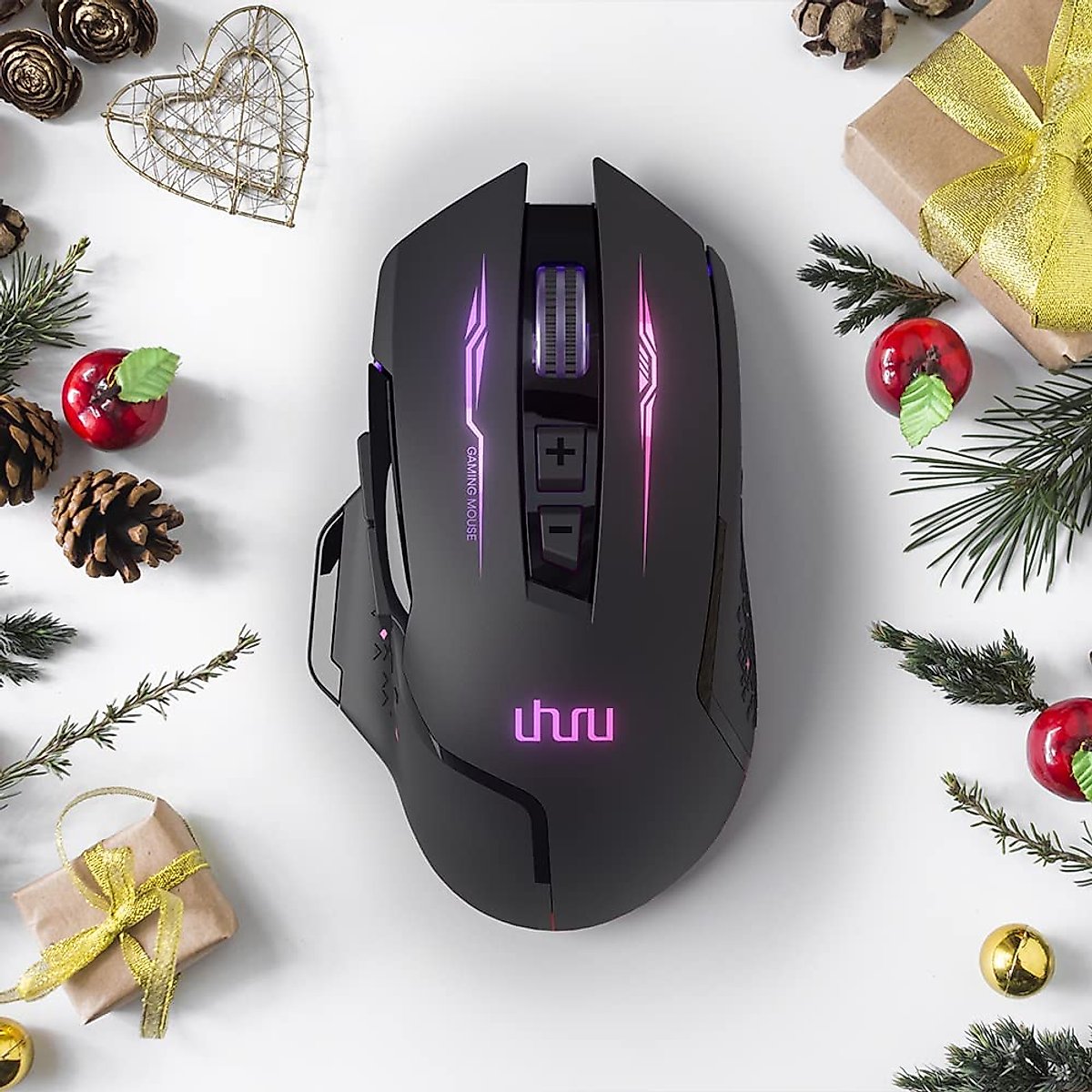 UHURU Wireless Gaming Mouse, Wired and Wireless Dual Modes Rechargeable RGB Gaming Mouse with 7 Programmable Buttons, Ergonomic and 5 Adjustable DPI Levels up to 10000 DPI for PC Laptop Gamer （WM-07）