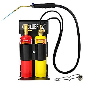 BLUEFIRE Oxypropane High Heat Welding Torch kit Free Accessory of Flint Lighter and Cylinder Holder Rack Duel Fuel by Oxygen and MAPP MAP PRO and Propane Brazing Soldering Gas Cylinders Not Included