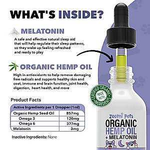 Zoomi Pets Melatonin + Organic Calming Hemp Oil for Dogs Anxiety and Stress Relief - Calming Drops Pet Hemp Oil for Dogs & Cats - Hip and Joint Support Supplement for Dogs Pain Management (2oz)