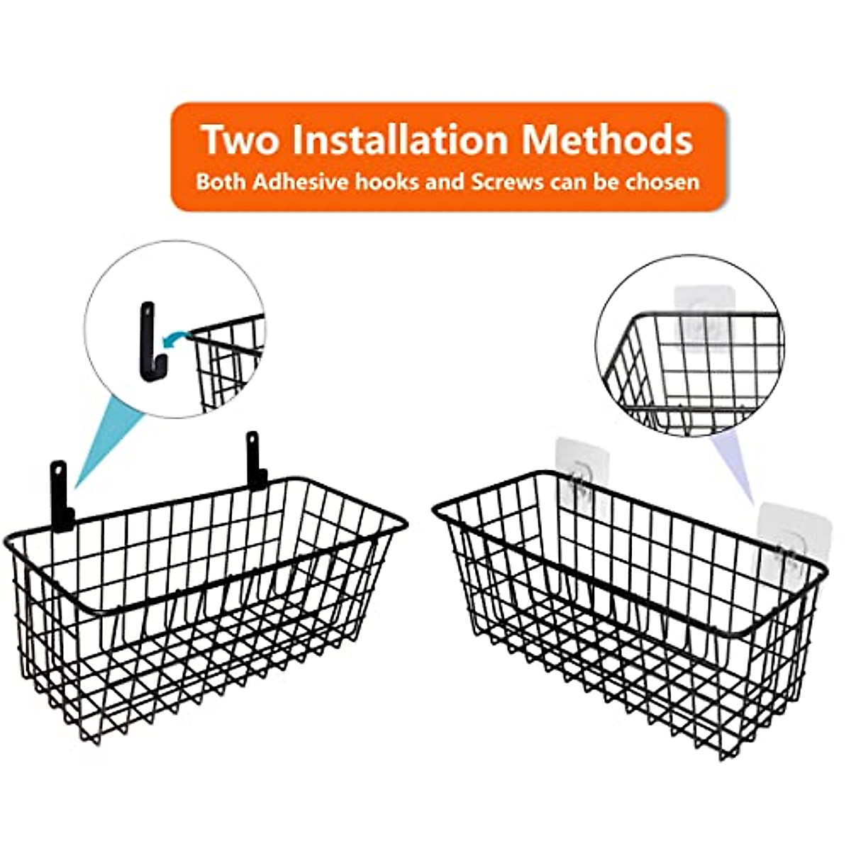 3 Set Hanging Wire Baskets,Wall Mount Fruit Basket,No Drilling,Adhesive Small Metal Basket,Farmhouse Food Storage Mesh Bin Kitchen Pantry Laundry Bathroom Closet Garage RV,Black