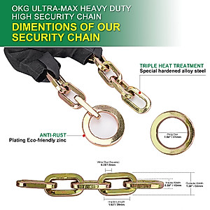 OKG Security Chain - 3.6 ft x 0.36" (9mm) Heavy Duty Chain - Special Hardened Alloy Steel Cut Proof Chain - Premium Anti Theft Garage Chain, E-Bike Chain, Motorcycle Lock Chain, Fence Gate Chain, etc.