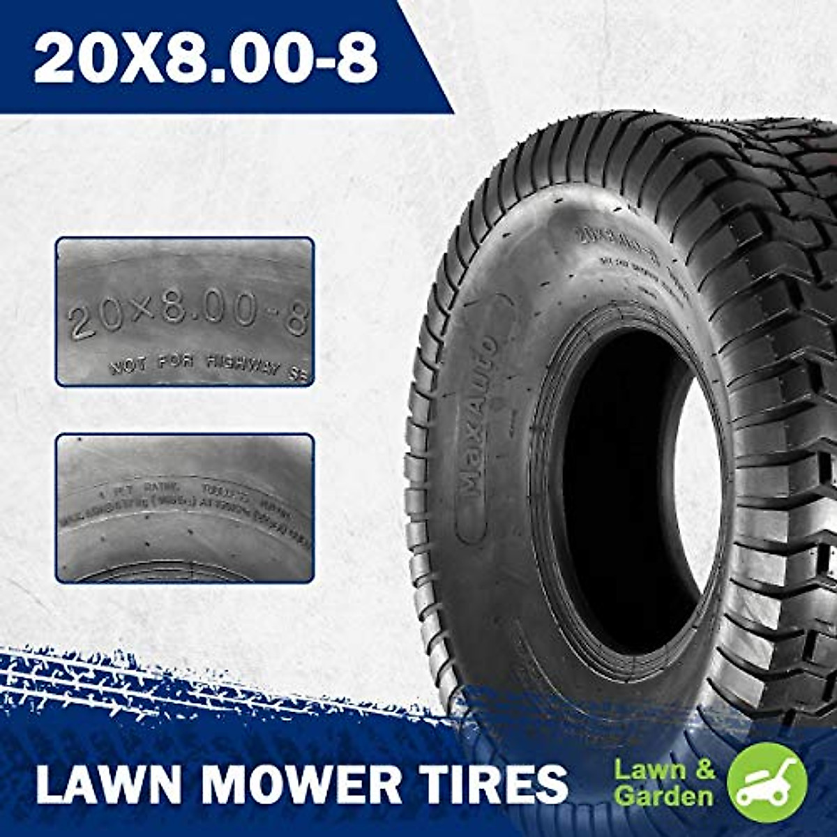 MaxAuto 20x8.00-8 Lawn Mower Tires 20x8x8 Lawn Tractor Tire 20x8-8nhs Riding Mower Tires, 4 Ply Tubeless Tire, 965lbs Capacity, Set of 2