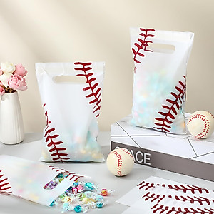 Yeaqee 50 Pieces Baseball Gift Bags with Handle Baseball Treat Bags Baseball Cellophane Bags Candy Baseball Party Favors for Team Birthday Decoration Gift Sport Baseball Themed Party Supplies, White