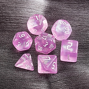 DND Dice Pink Transparent Dice with Color Changing Glitter for Dungeons and Dragons Role Playing Game,D&D,MTG,Pathfinder Dice Set with Dice Pouch(Sickle Handwriting)