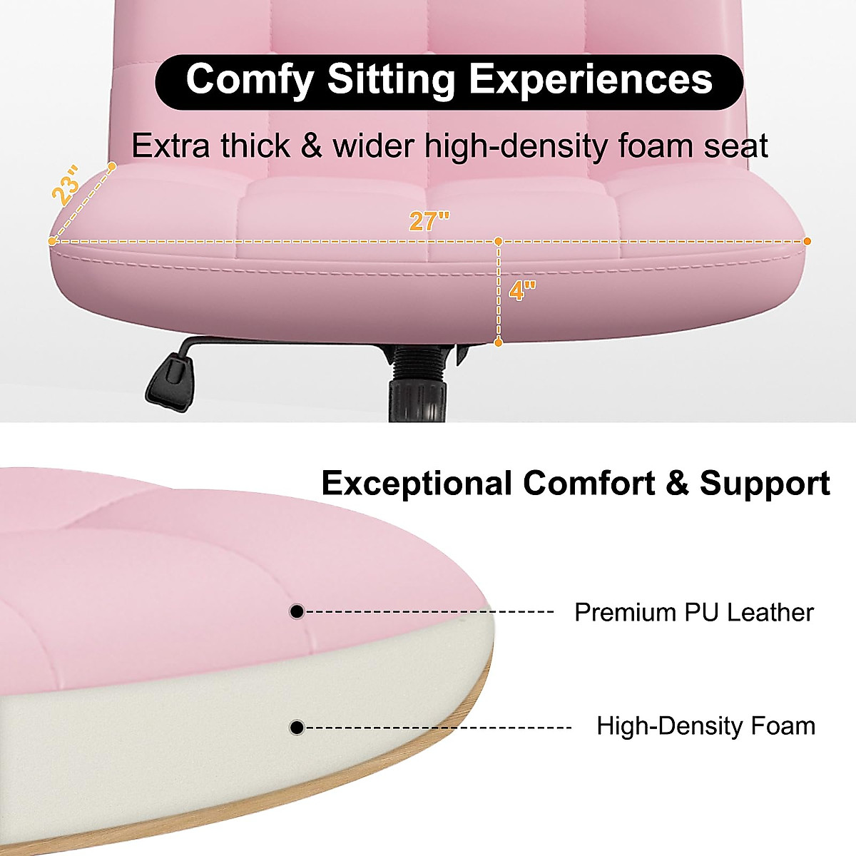 SeekFancy Criss Cross Chair with Wheels, Pink Armless Legged Office Desk Chair Wide Seat, Leather Comfortable Adjustable Swivel Computer Task Vanity Chairs for Small Space, Home Office