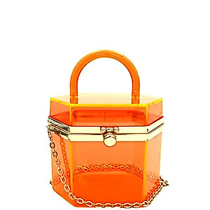 Neon Transparent Clear Acrylic Plastic Hard Frame Party Clutch Purse Chain Strap (Hexagonal Box Clutch - Neon Orange)