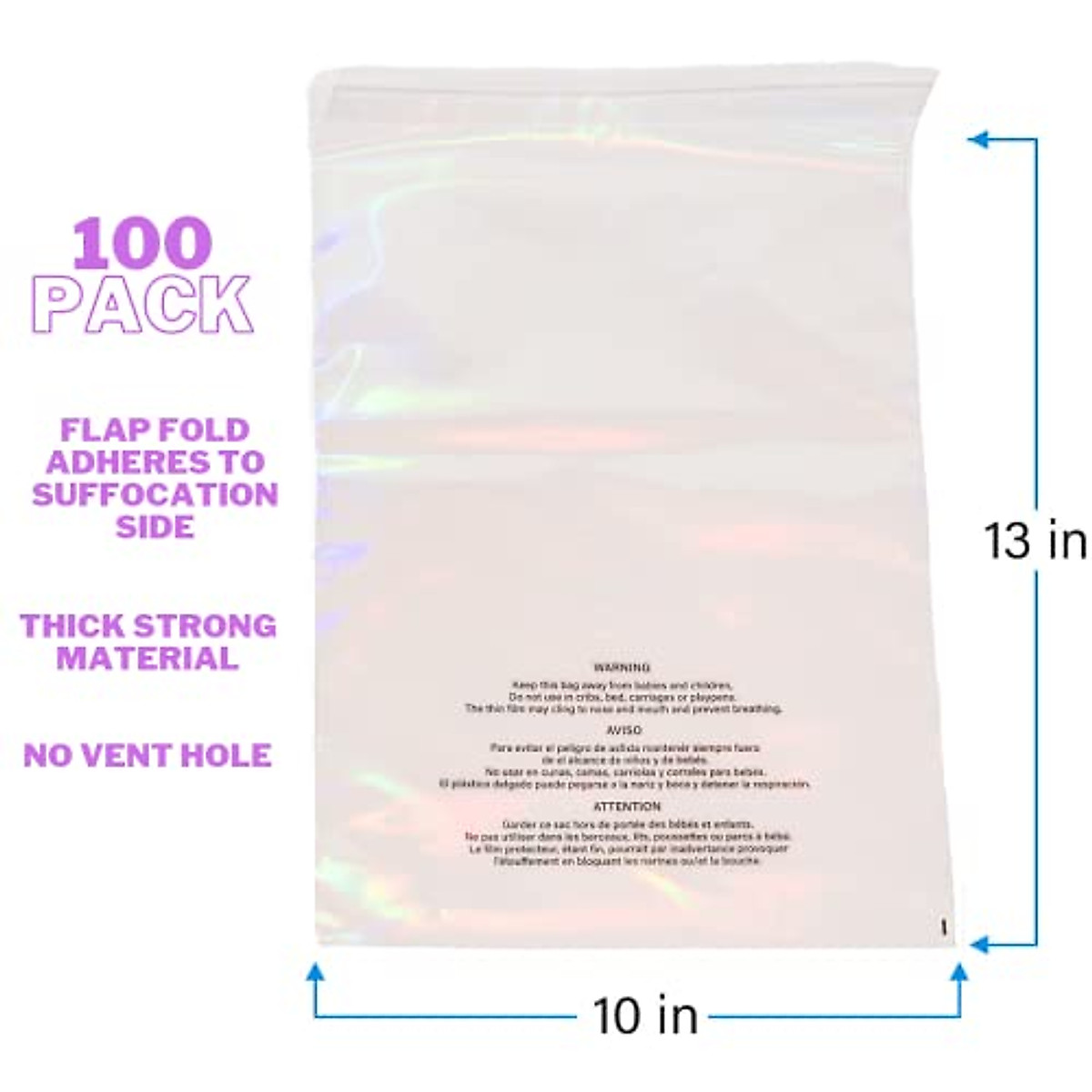 Holographic Resealable Bags For Small Business - These Cellophane Bags Self Adhesive For Convenient Packaging And Poly Bags With Suffocation Warning Offer A Premium Customer Experience - 10x13" 100 pk