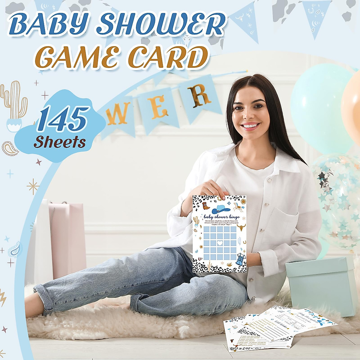 145 Pcs Baby Shower Games for Boy or Girl 5 Game Activities Card with 20 Pencils Include Baby Shower Bingo, Guess Who, Description and Well Wishes, Word Scramble Game (Cowboy Style)