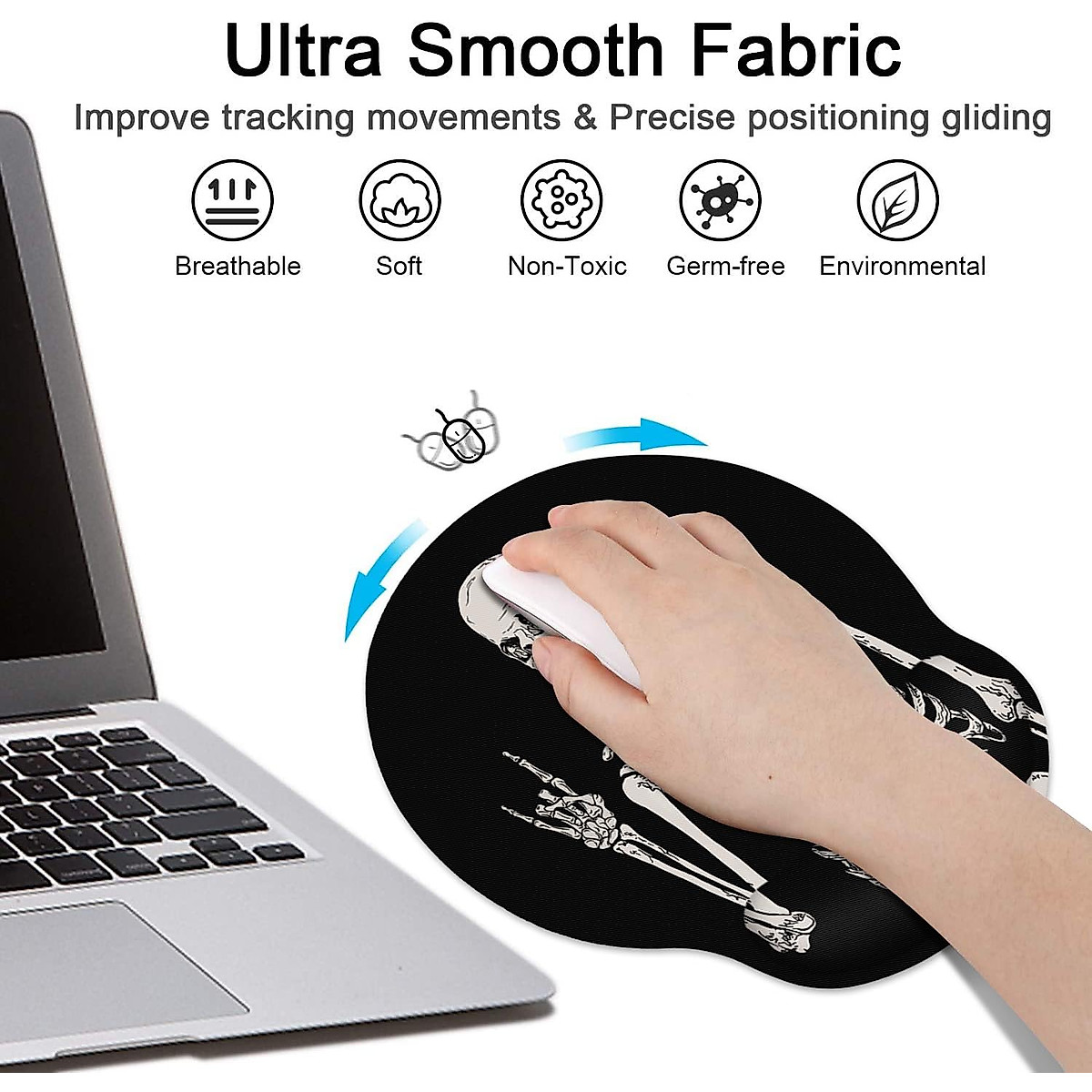 Britimes Ergonomic Mouse Pad with Wrist Support Black Human Skeleton Non-Slip Rubber Base Mousepad for Home Office Gaming Working Computers Laptop Easy Typing & Pain Relief